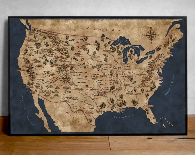 Fantasy Map of United States, USA Map - Etsy