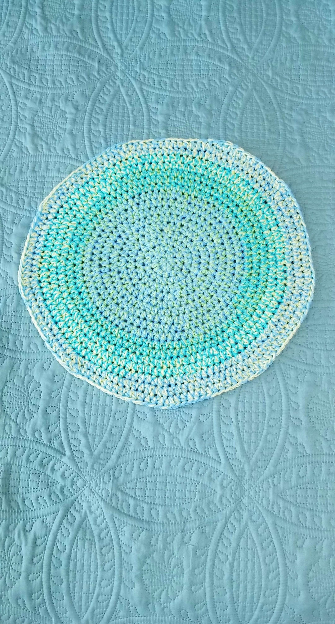 Round Teal Table Mat, Spring Centerpiece Mat, Crocheted Mixed Yarn Mat ...