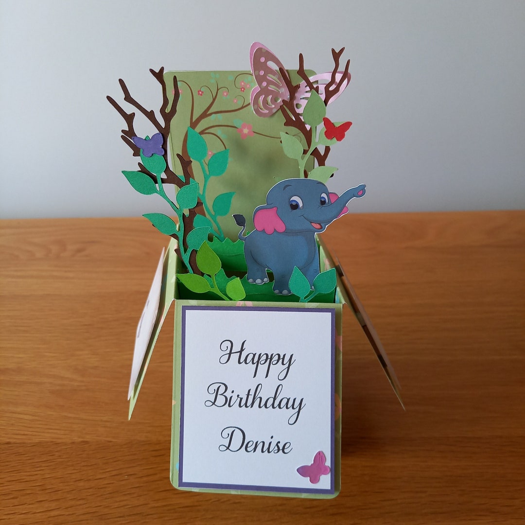Elephant & Butterfly Pop up Box Card - Handmade Personalised Birthday ...