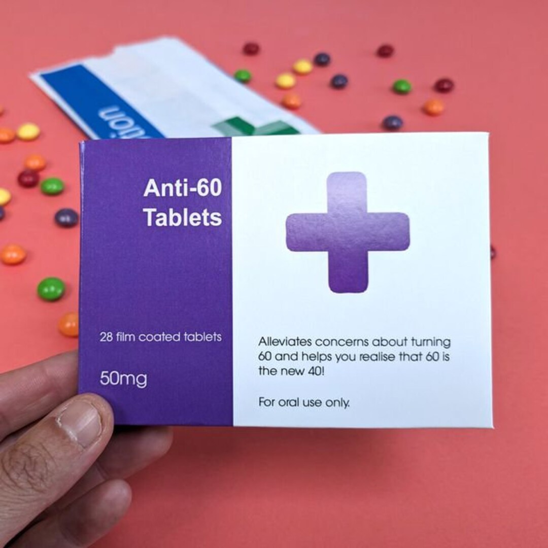 Prank Pill Anti Aging Box Anti 60 Funny Medicine Box, Bag and Sweets ...