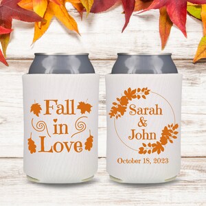 Custom Fall Wedding Can Coolers, Fall in Love Coolie, Wedding Party ...