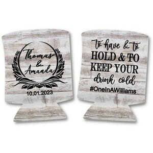 Custom Light Barnwood Can Coolers, Shiplap Personalized Wedding Coolies ...