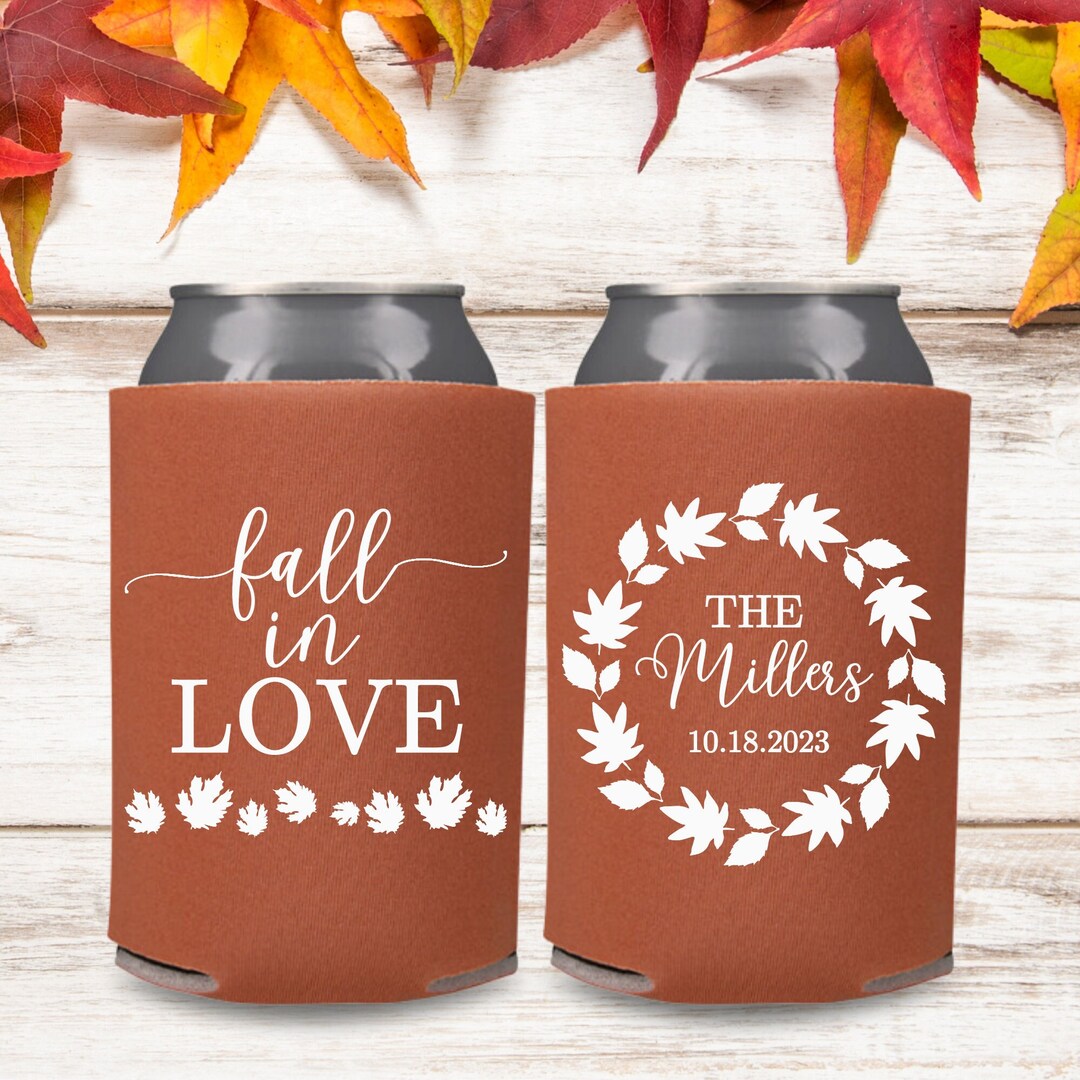 Custom Fall Wedding Can Coolers, Fall in Love - the Millers, Wedding ...