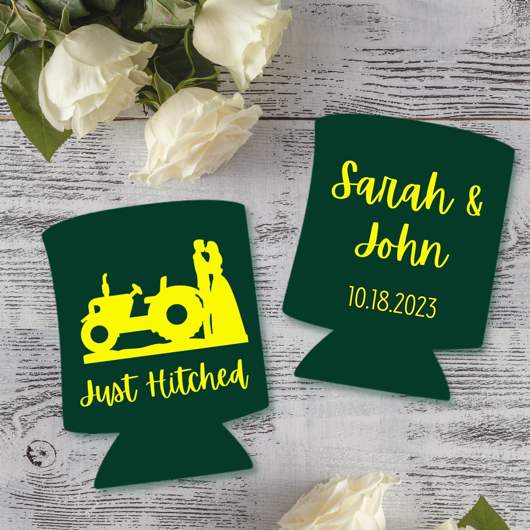 Custom Wedding Can Coolers, Tractor - Just Hitched Wedding Coolies ...