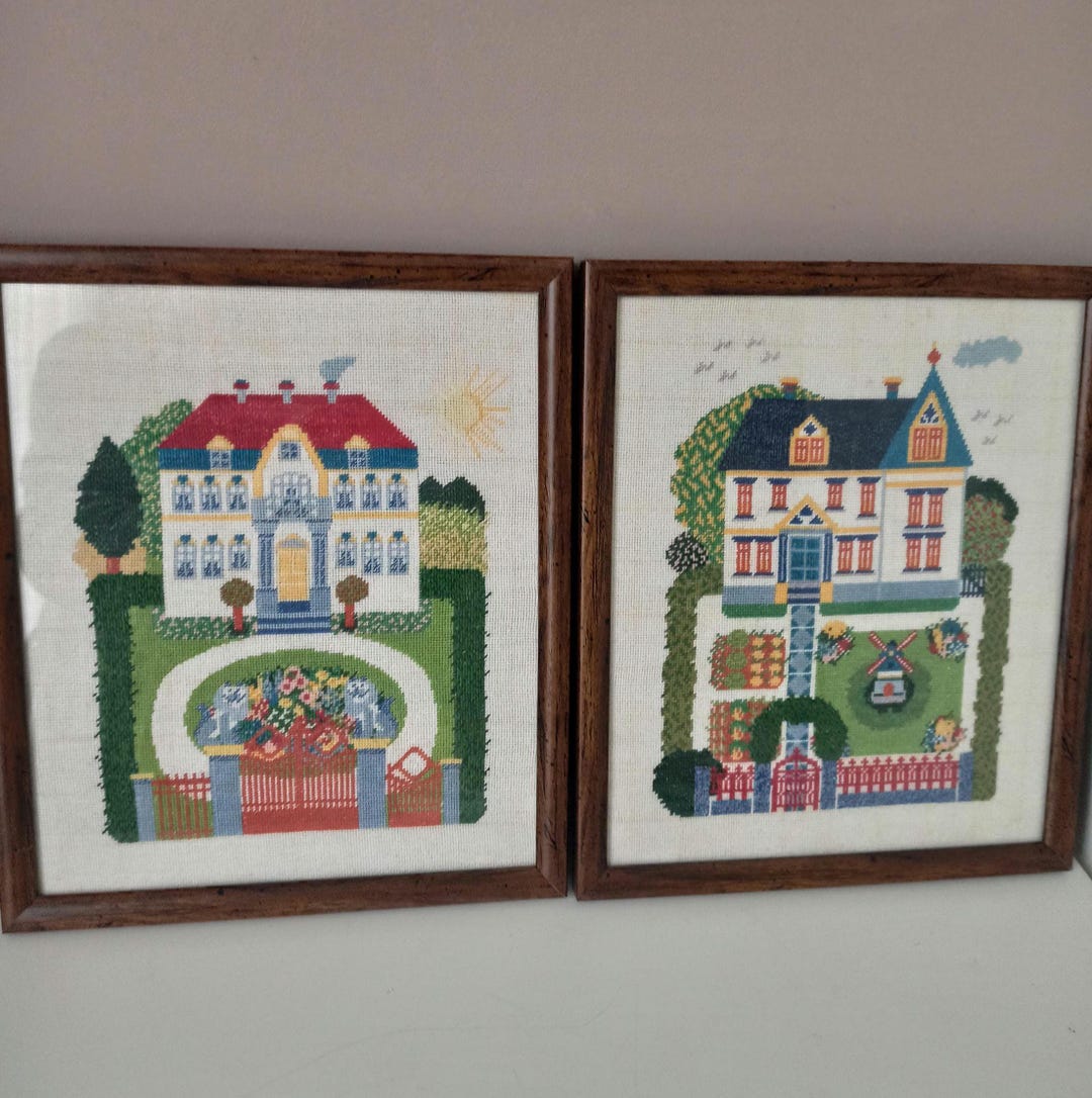 Vintage Goblin Houses Scene, Set of 2 Embroidered Goblins, Wall Hanging ...
