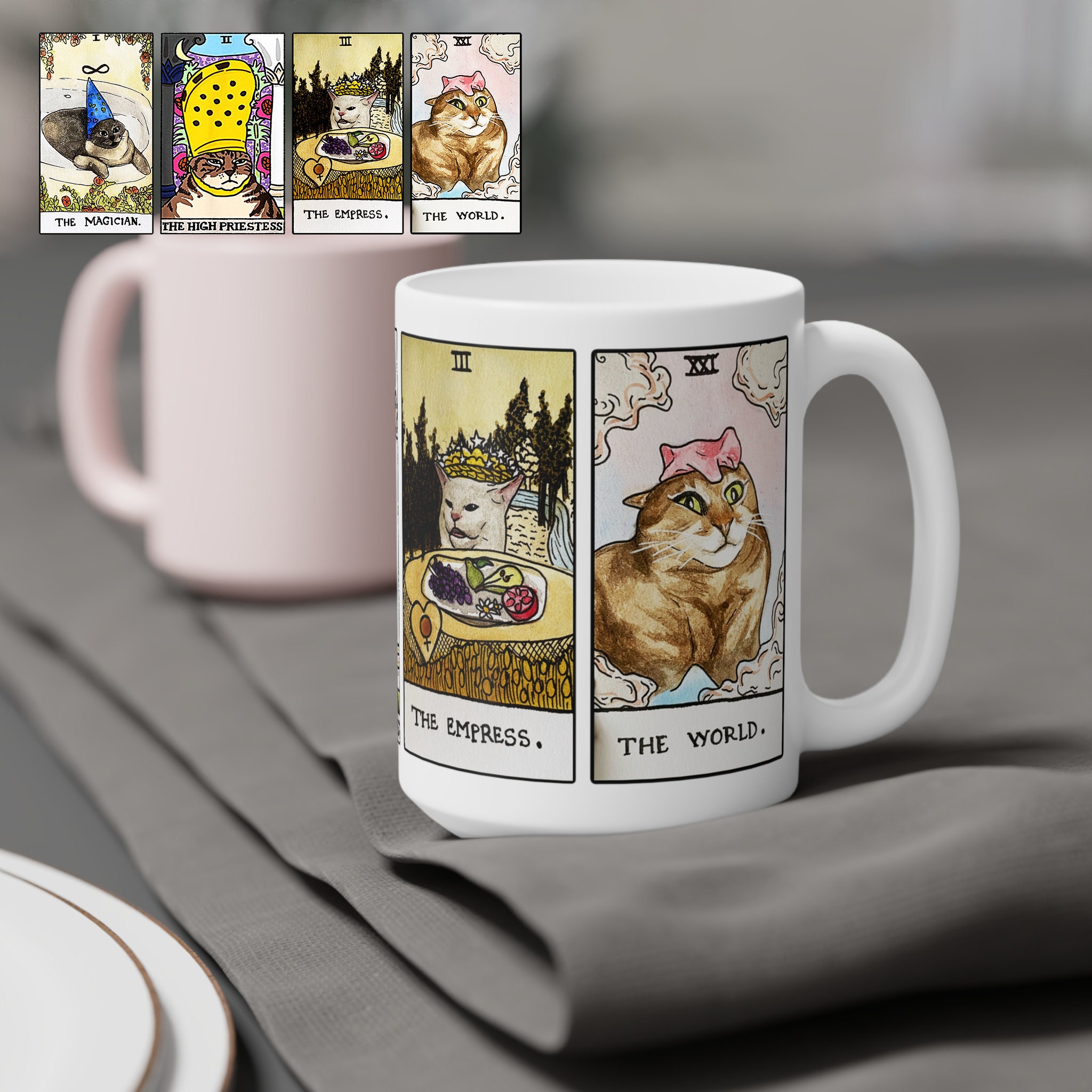 Cat Meme Coffee Mugs, Two Tone Mug, Tarot Cat Meme, Cat Meme Coffee Mug
