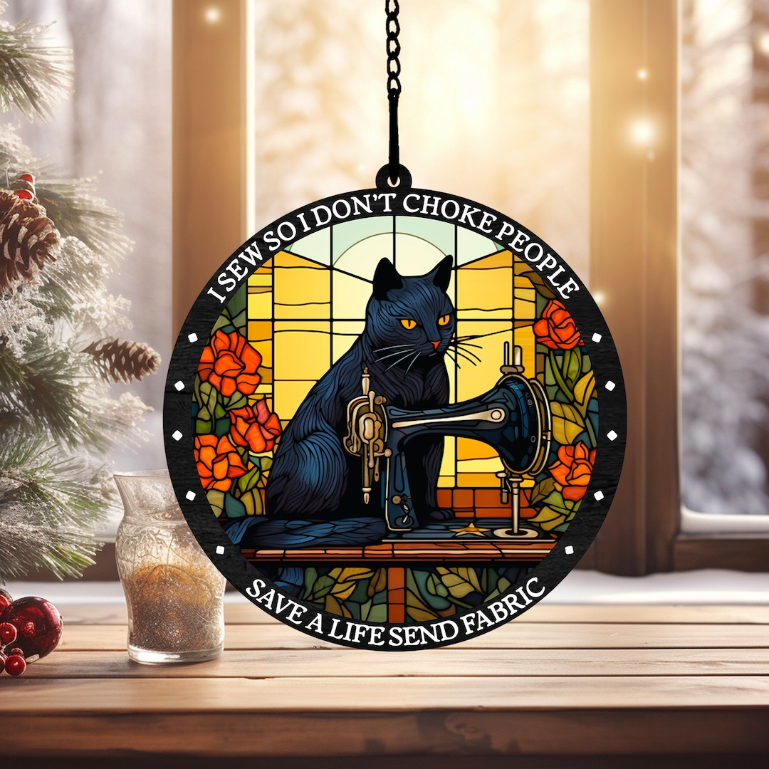 I Sew, Send Fabric, Black Cat and Sewing Machine Acrylic Suncatcher ...