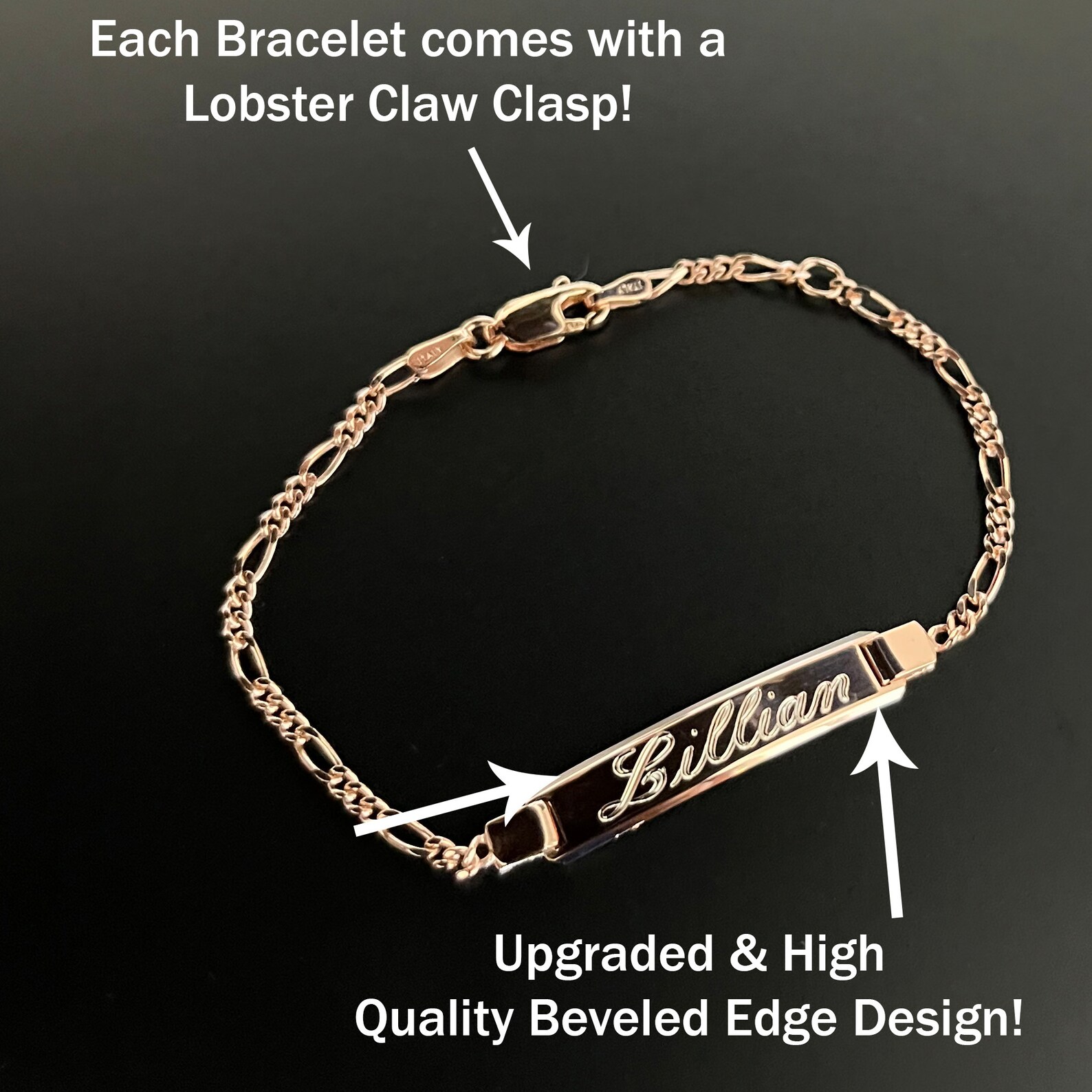 925 Sterling Silver With Rose Gold Finish Figaro Link Childrens ID ...