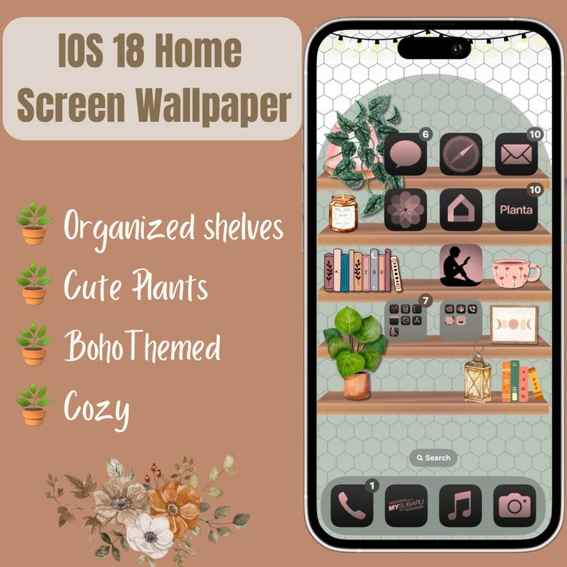 IOS 18 Sage Boho Bookshelf Wallpaper - Etsy