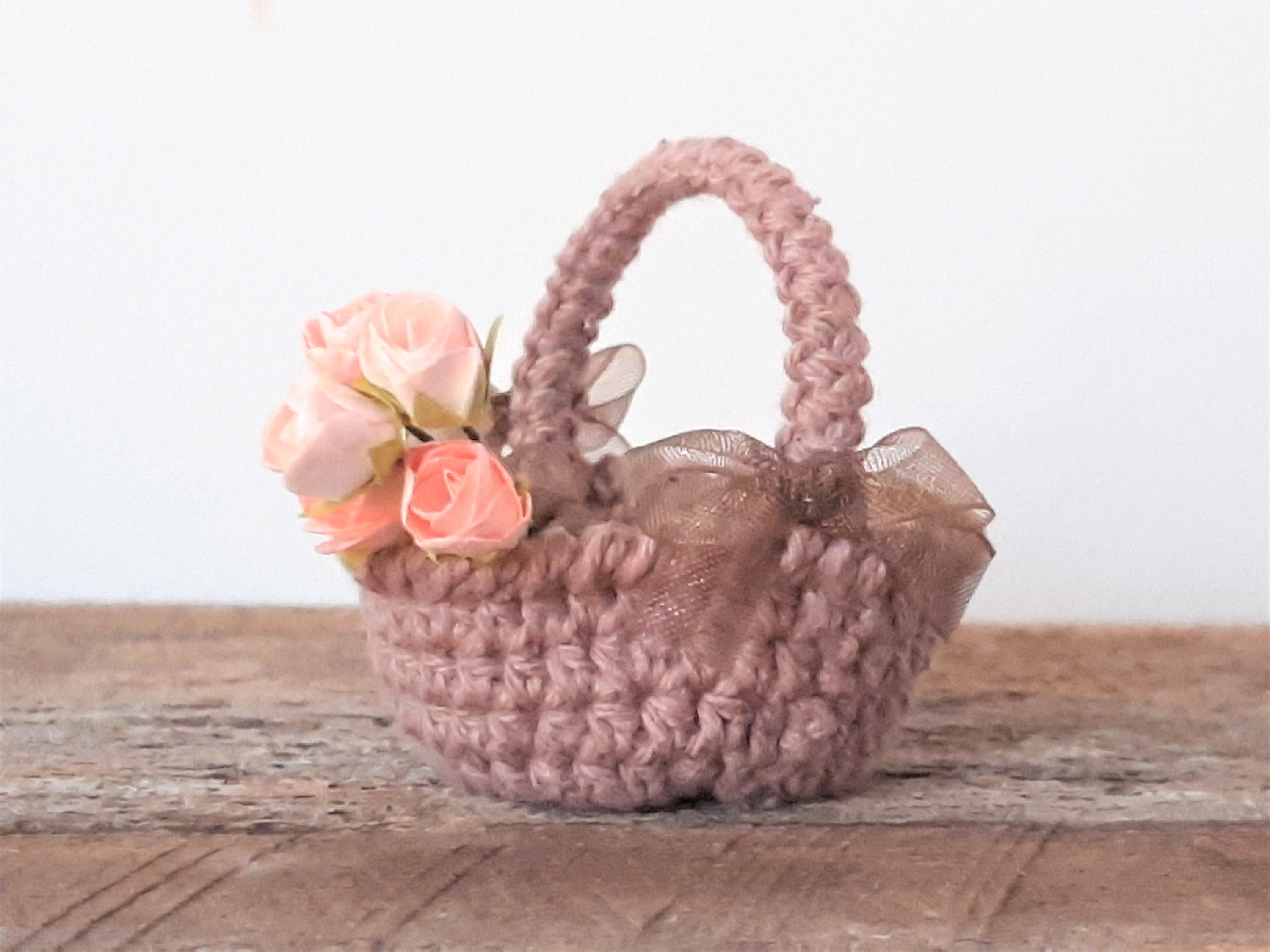 Small Brown Basket With Ribbons Miniature Crochet Basket - Etsy