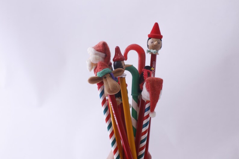 Pencils With Christmas Toppers, Santa Claus, Pinocchio, Snowman, Moose ...