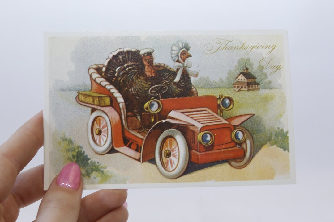 Thanksgiving Day, Funny Two Turkeys Driving Red Car, 1900s, Antique ...