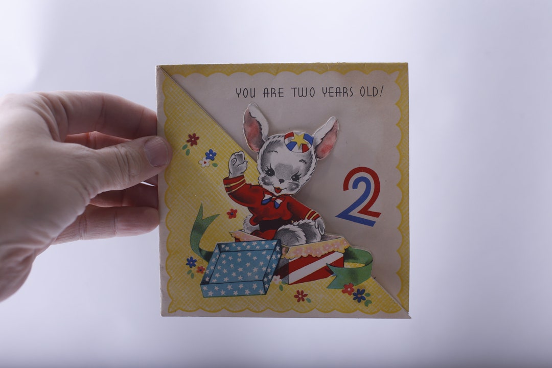 Cute Bunny in Gift Box, Two Years Old Birthday, Greeting Card, Used ...