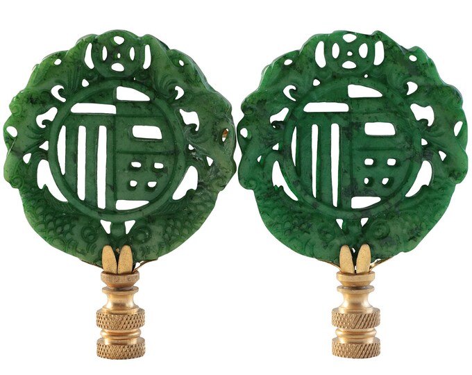 Chinese Good Luck Symbol Carved Stone Lamp Finials Dappled Jade Green ...