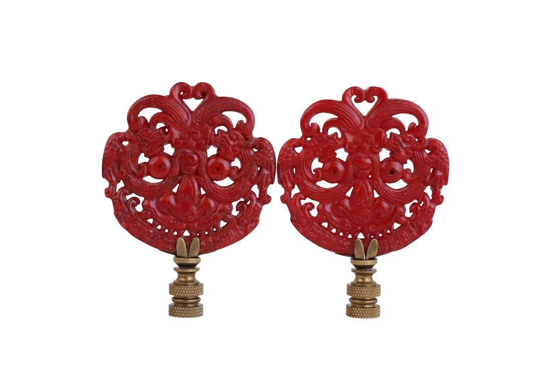 Smiling Dragon Lamp Finials in Red on Bronze Hardware - A Matching Pair ...