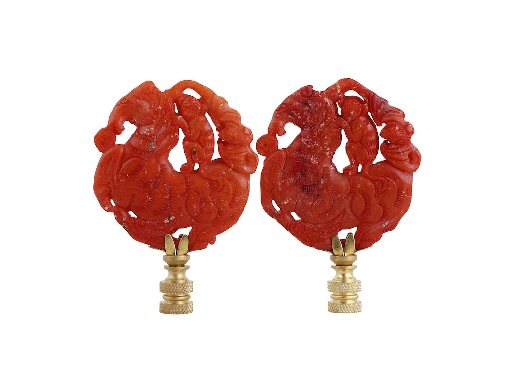 Chinese Carved Stone Monkey Horsemen Lamp Finials - Carnelian Orange on ...
