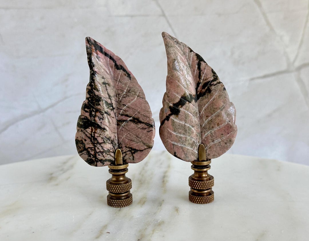 Leaf Lamp Finials in Carved Rhodonite on Bronze Hardware - Pink and ...