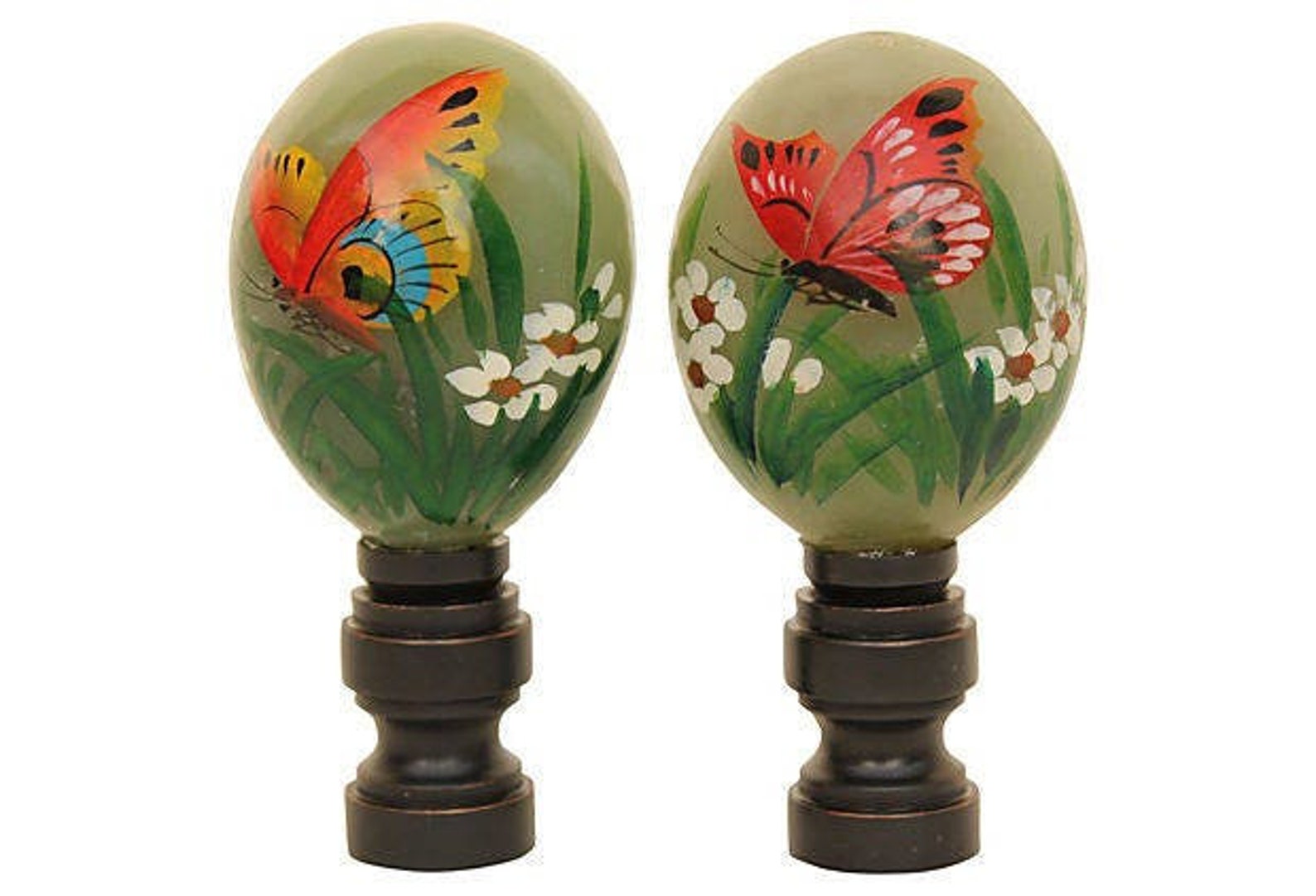 Chinese Jade Stone Egg Lamp Finials - Butterflies and Daisies on Bronze ...