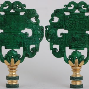 Chinese Archaic Style Carved Stone Lamp Finials - Deep Jade Green Asian ...