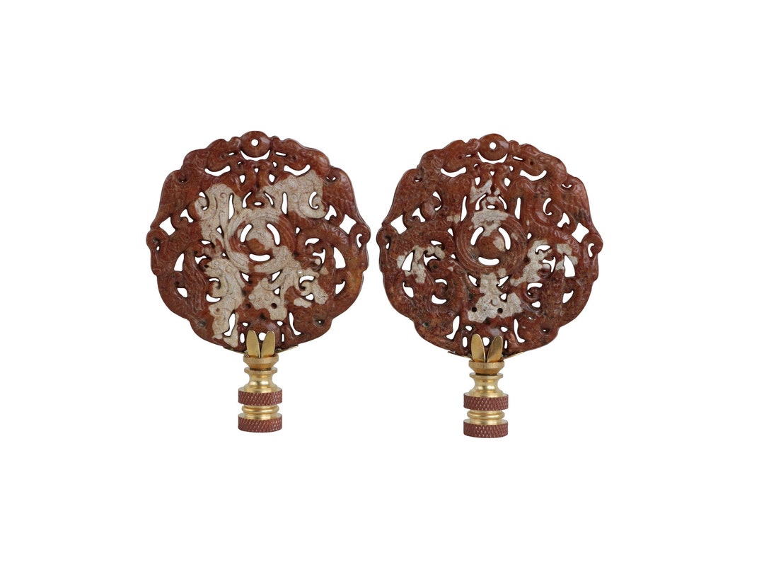 Chinese Speckled Stone Lamp Finials in Brown on Brass Hardware - A Pair ...