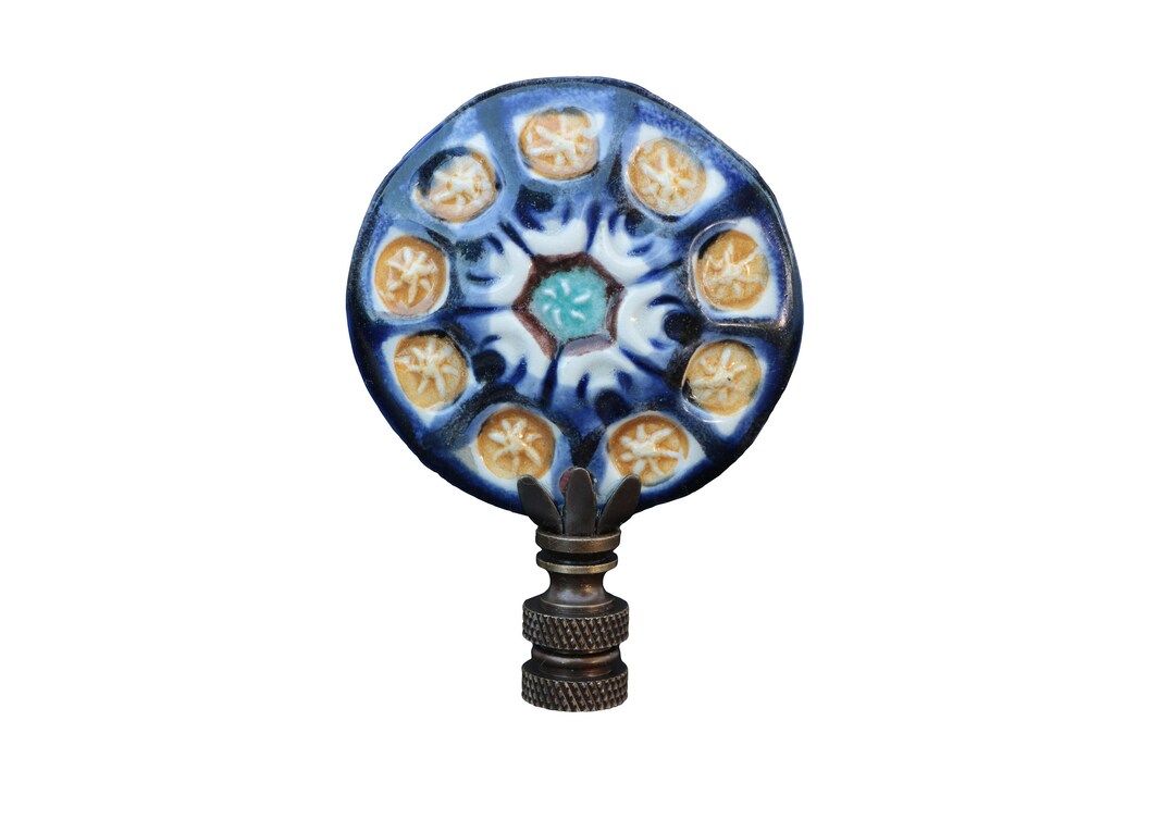 Stamped Pottery Roundel Lamp Finial in Blue & White on Bronze Hardware ...