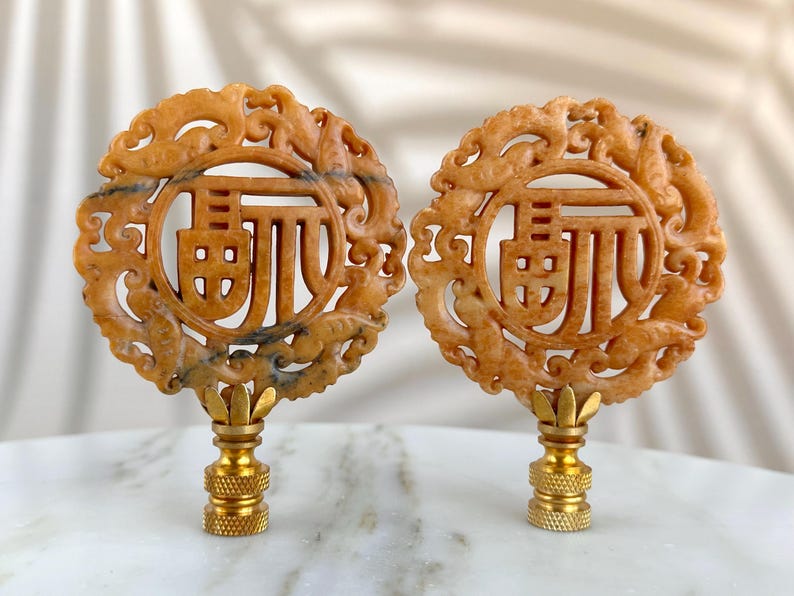 Chinese Good Fortune Symbol Carved Stone Lamp Finials in Light Clay on ...