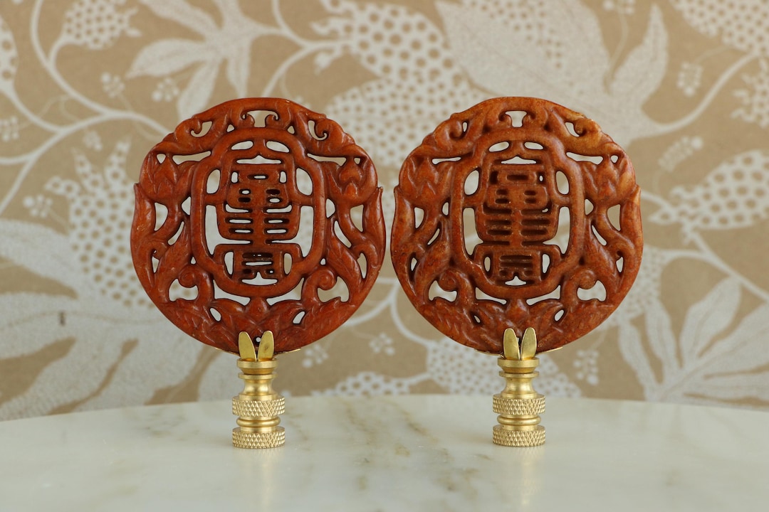 Lotus Flower Carved Stone Lamp Finials in Brown on Brass Hardware - A ...