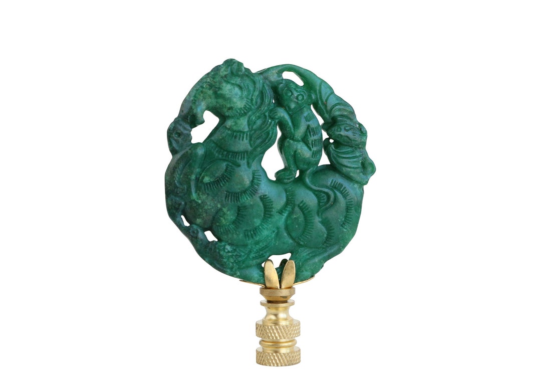 Monkey on Horseback Chinese Carved Stone Lamp Finial in Green on Brass ...