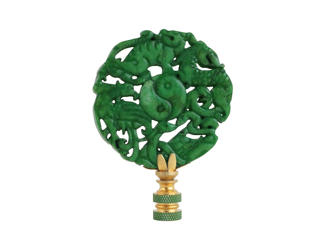 Chinese Yin & Yang Carved Stone Lamp Finial on Brass Hardware- Green ...