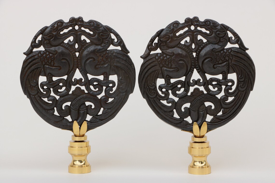 Asian Stone Bird Lamp Finials - Licorice Black on Shiny Brass Bases - A ...