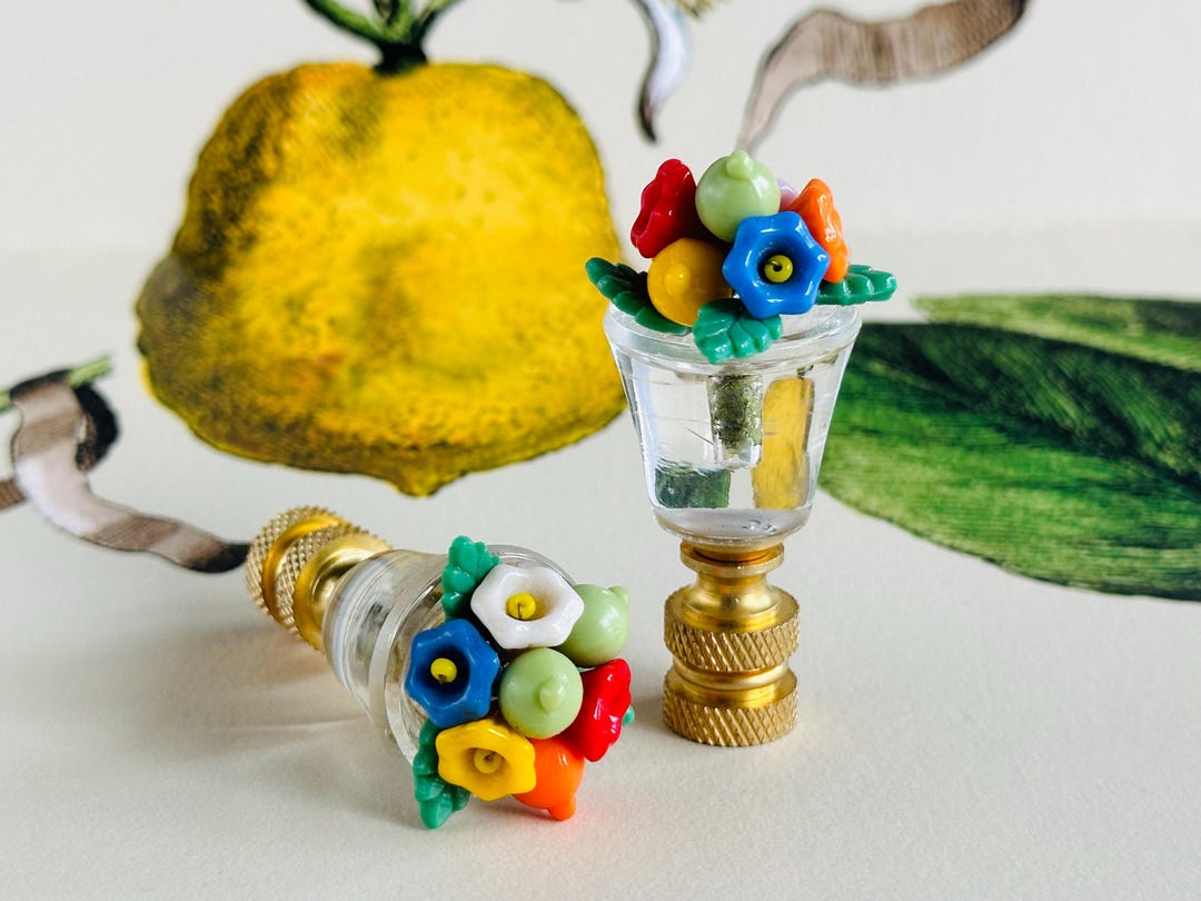 Bohemian Glass Fruit & Flower Lamp Finials on Brass Hardware - A Pair ...