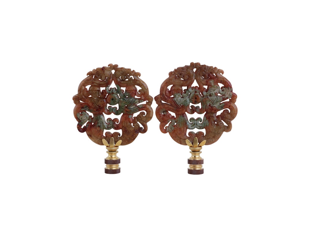 Chinese Variegated Stone Scholar Lamp Finials in Brown & Green on Brass ...