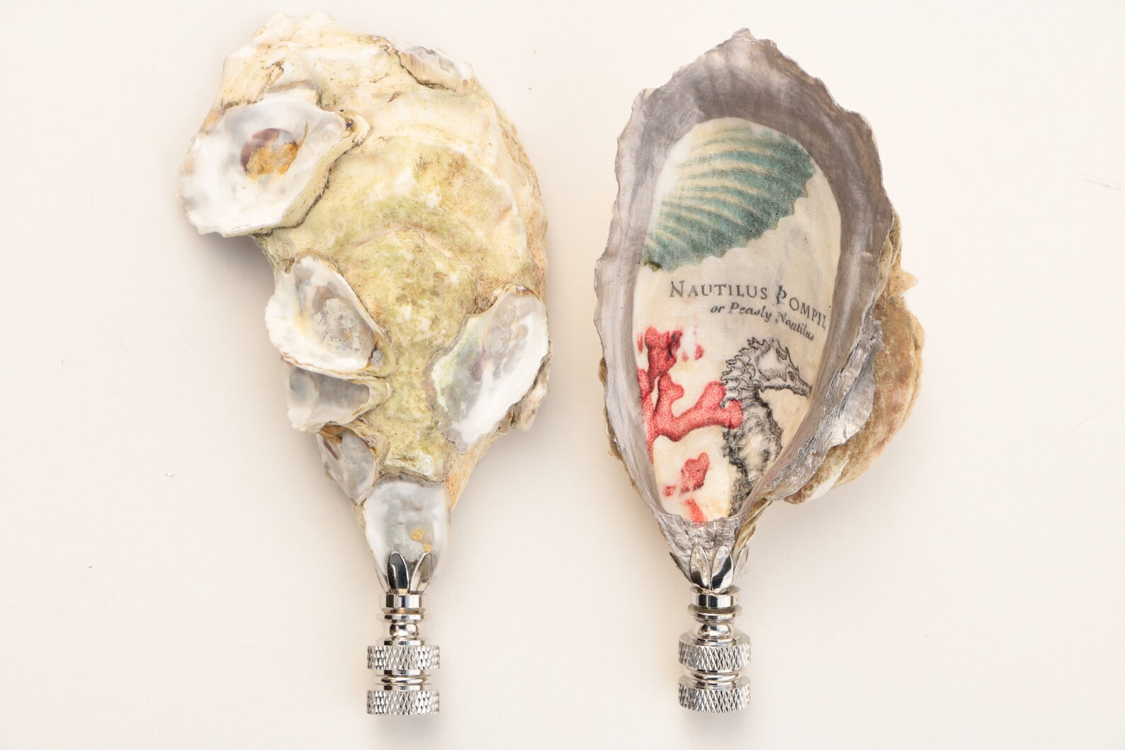 Seafarer's Oyster Sea Shell Lamp Finials in Silver - Natural Decoupaged ...