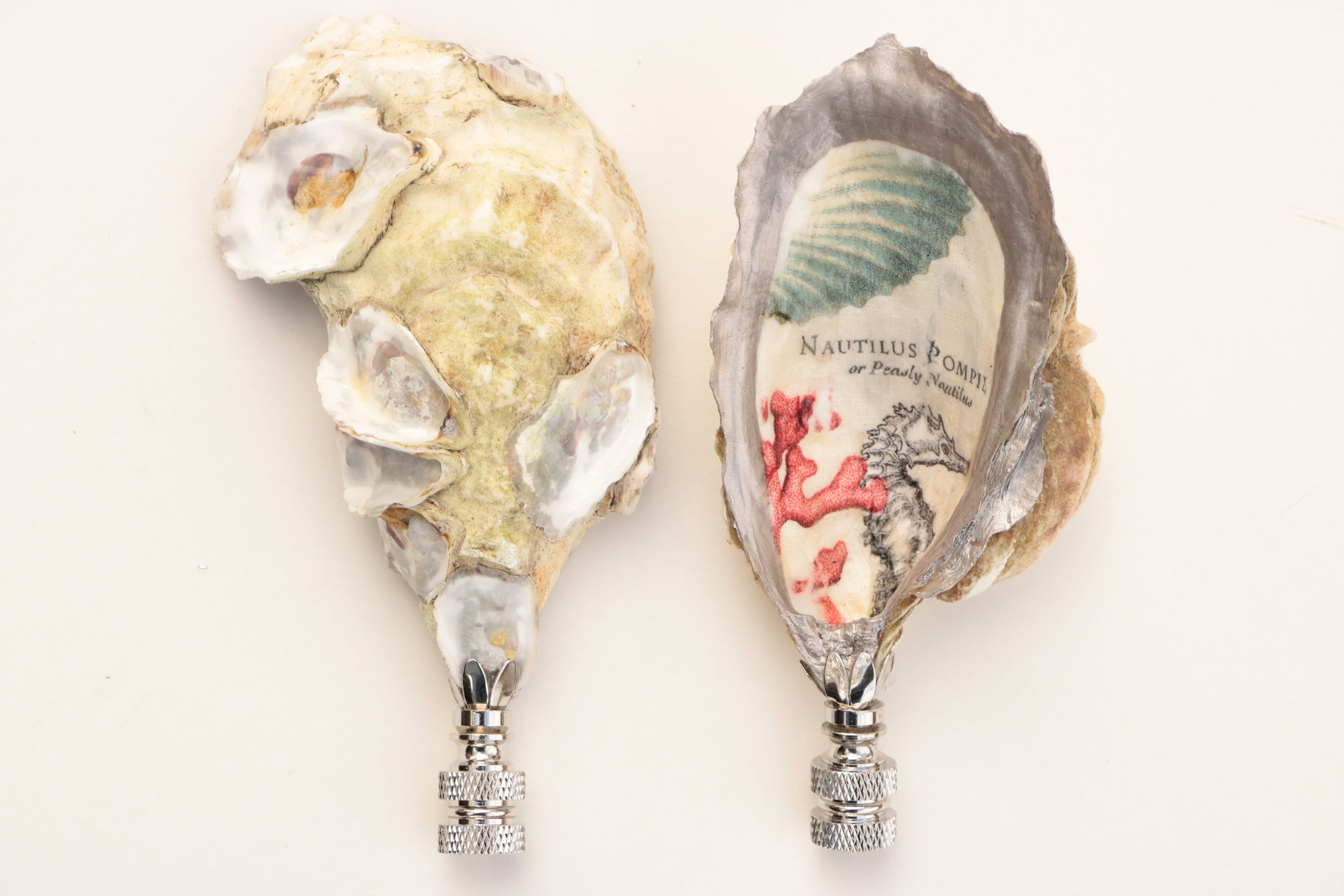 Seafarer's Oyster Sea Shell Lamp Finials in Silver - Natural Decoupaged ...