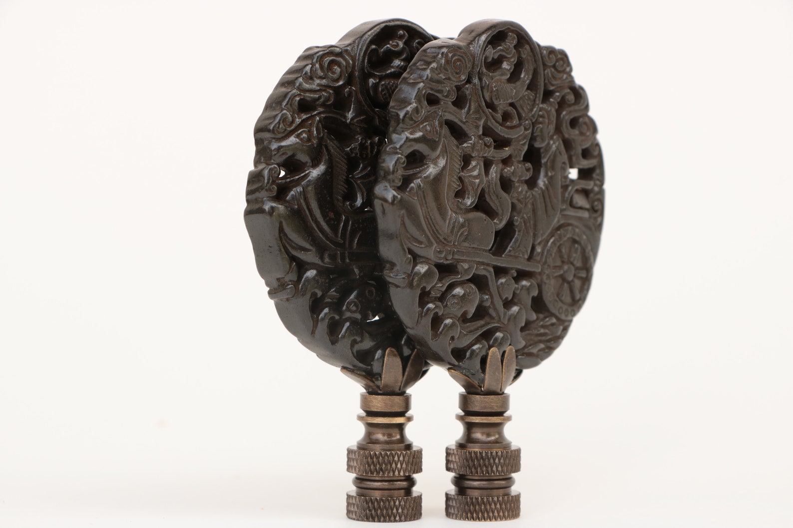 Asian Chariot Lamp Finials - Chinese Carved Stone on Knurled Bronze ...