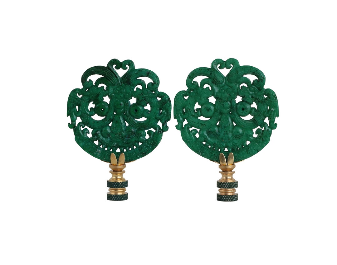 Smiling Dragon Carved Stone Lamp Finials - Jade Green on Brass Hardware ...