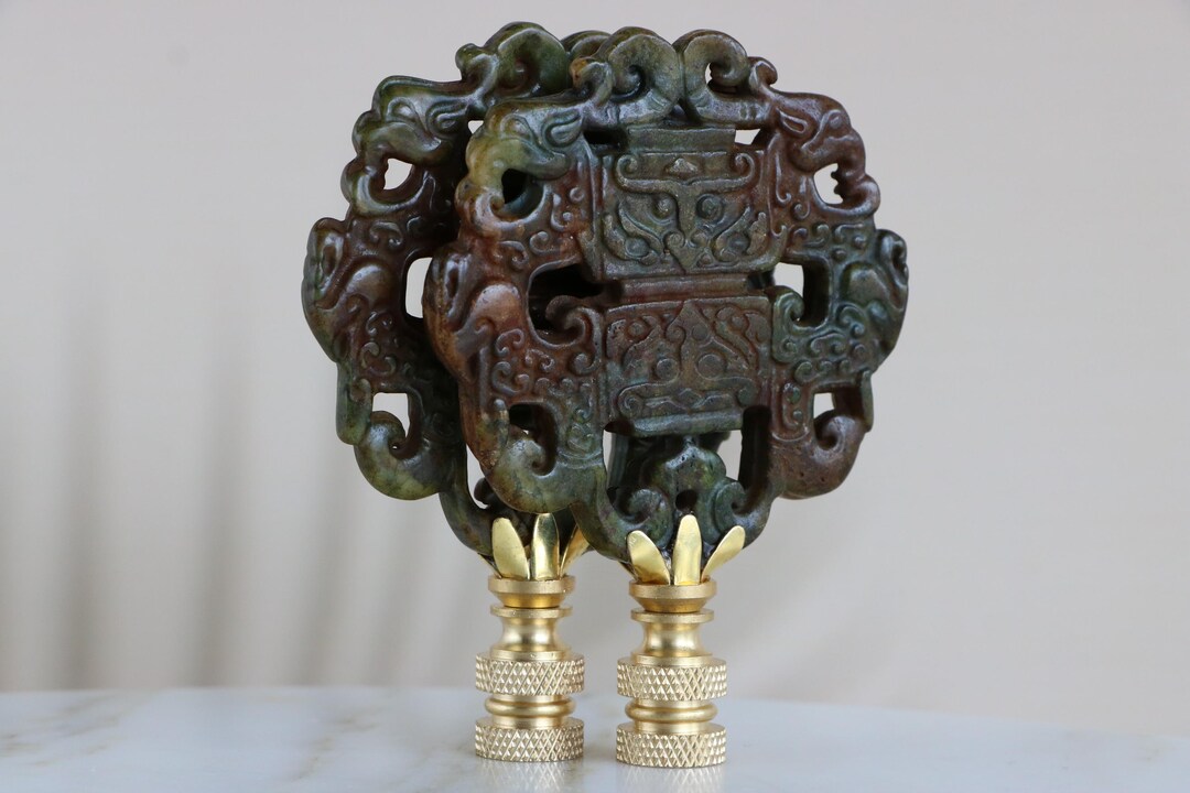 Chinese Archaic Style Lamp Finials on Brass Hardware in Brown & Green ...
