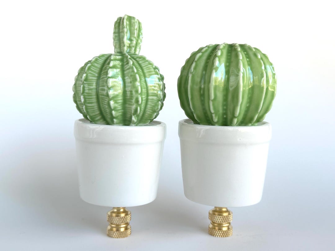 Cactus Plant Lamp Finials on Brass Hardware- A Matching Pair of Ceramic ...