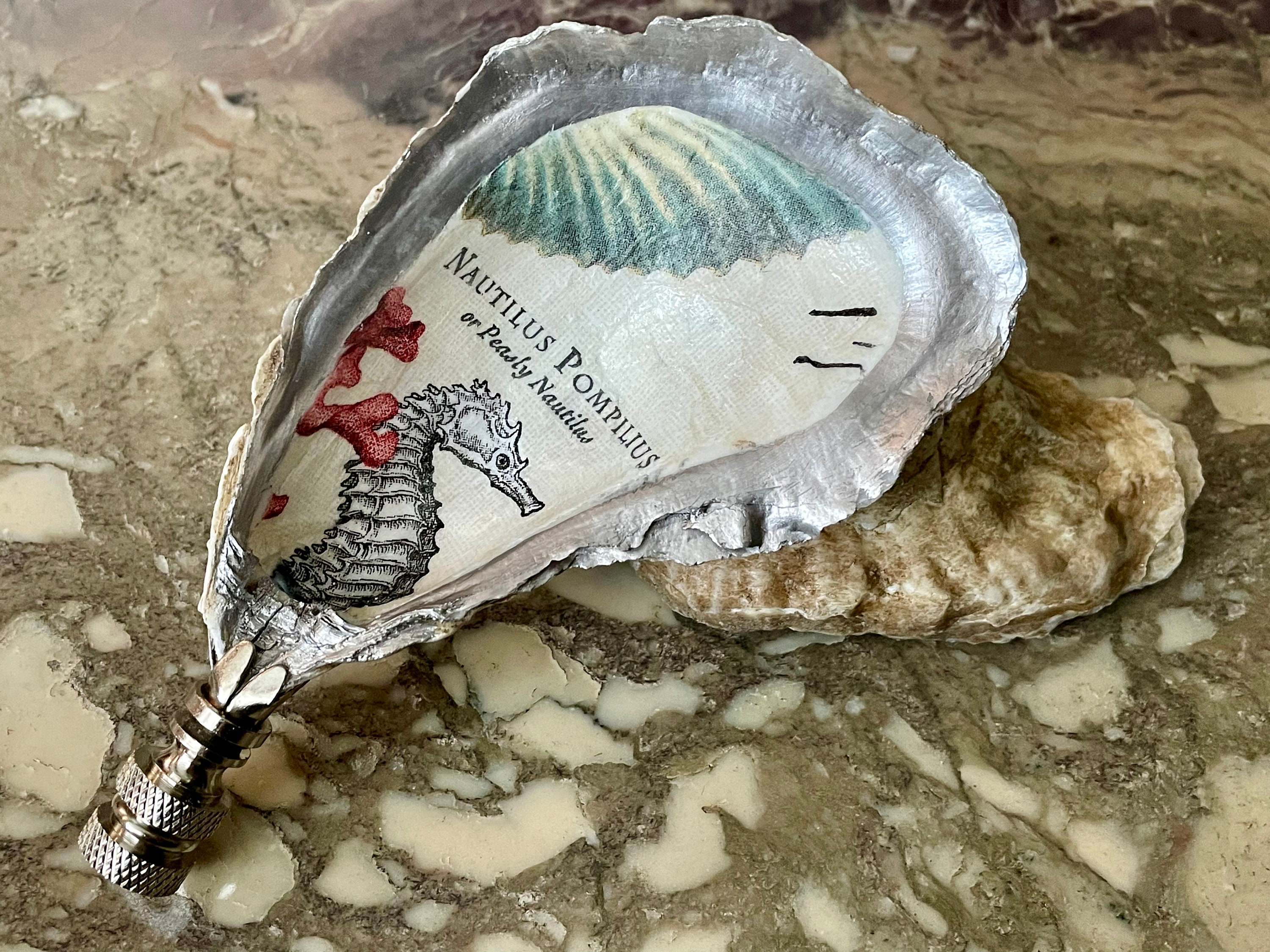 Seafarer's Oyster Sea Shell Lamp Finials in Silver - Natural Decoupaged ...