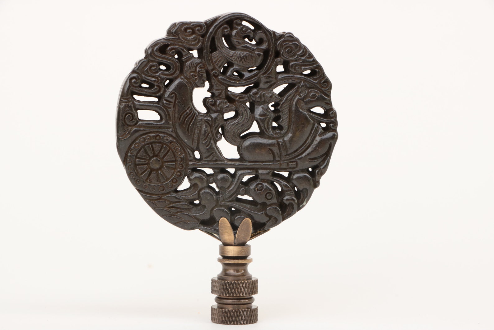 Asian Chariot Lamp Finials - Chinese Carved Stone on Knurled Bronze ...