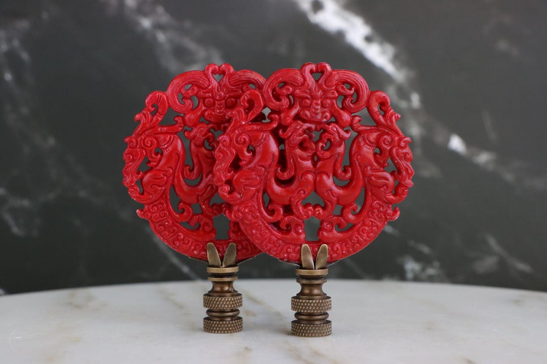 Fire Dragon Lamp Finials in Red on Bronze Hardware - A Matching Pair of ...