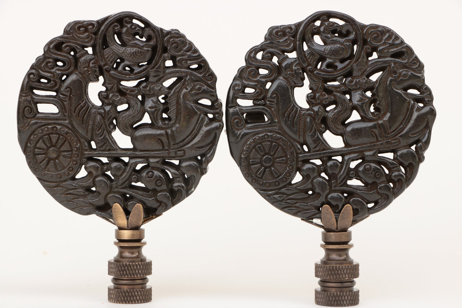 Asian Chariot Lamp Finials - Chinese Carved Stone on Knurled Bronze ...