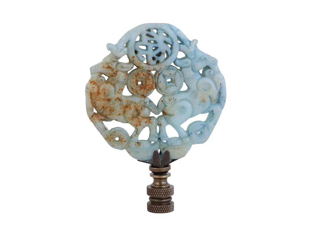 Asian Leaping Stag Carved Stone Lamp Finial in Sky Blue on Bronze ...