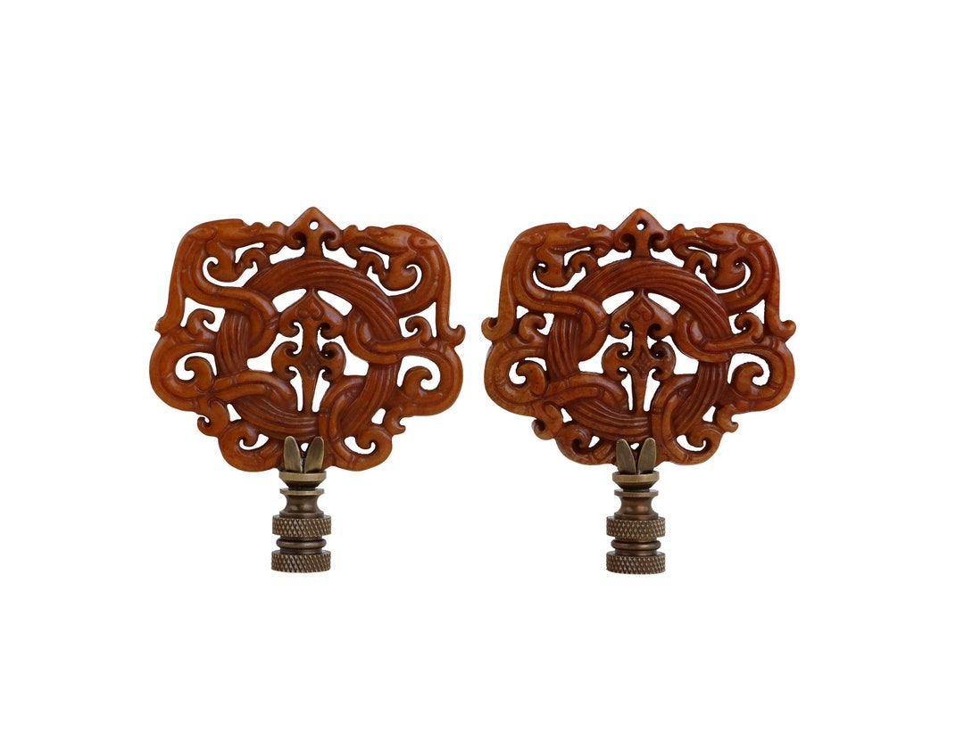 Asian Scroll Lamp Finials Brown Carved Stone on Bronze Hardware A ...