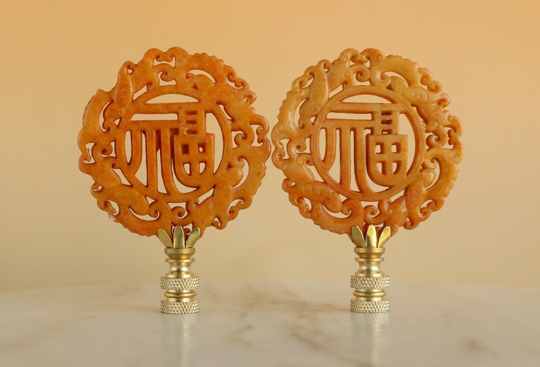 Chinese Good Fortune Symbol Carved Stone Lamp Finials in Butterscotch ...