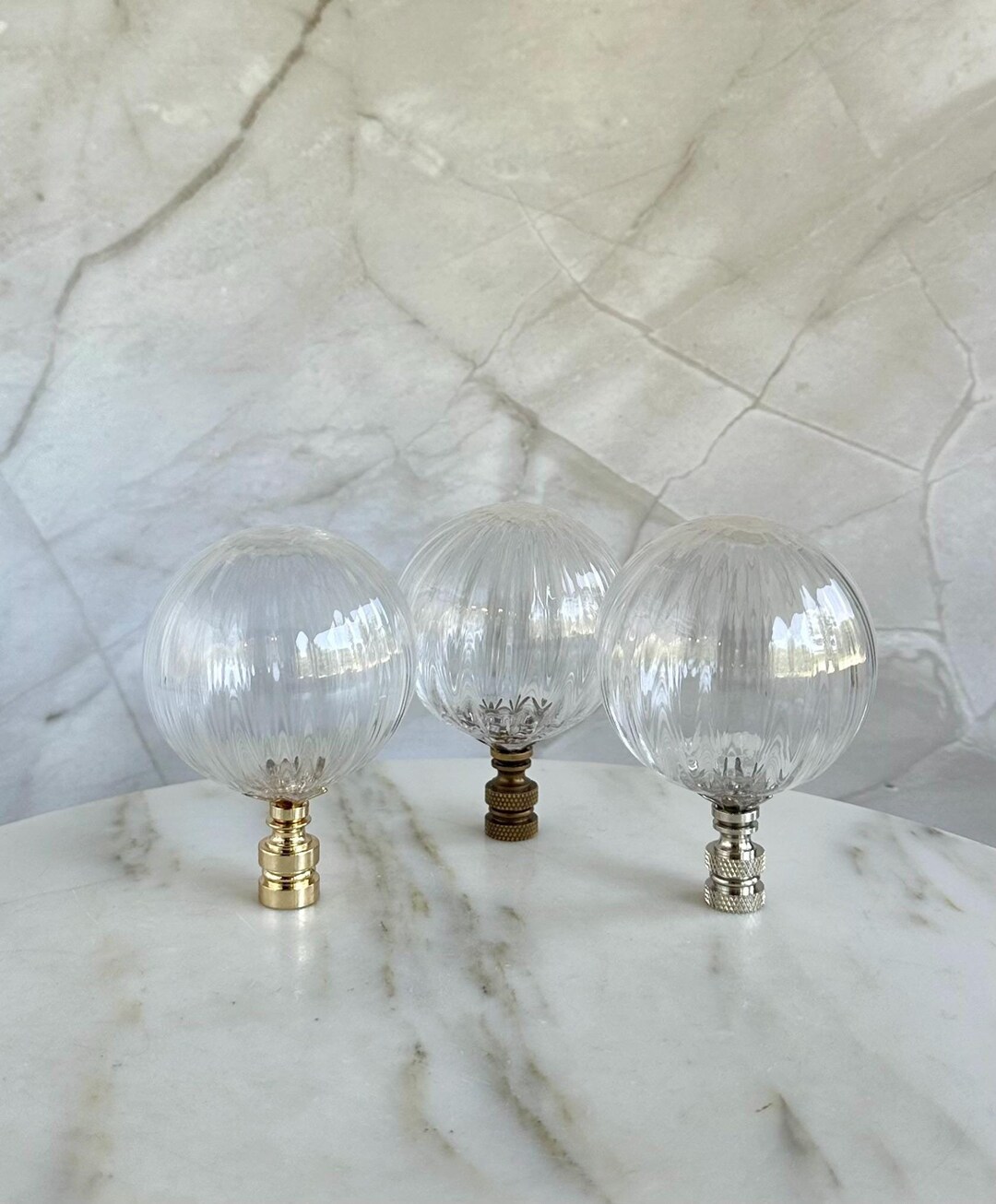 Oversized Ribbed Optic Glass Lamp Finial - Handblown Clear Glass Ball ...
