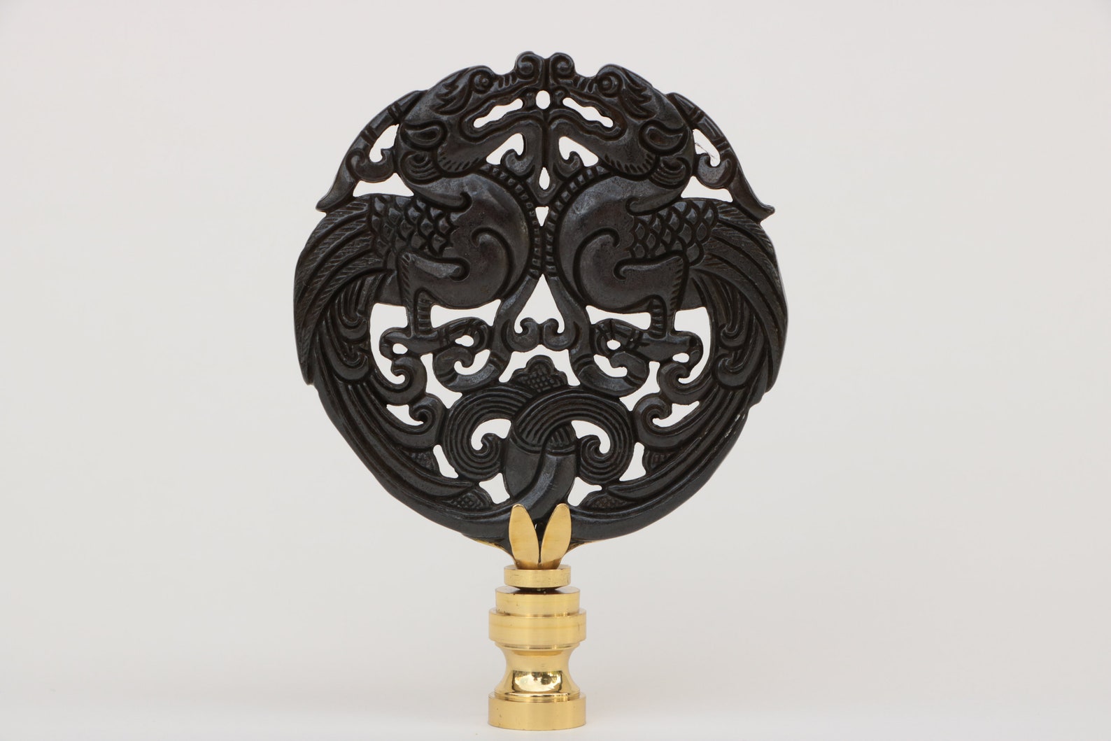 Asian Stone Bird Lamp Finials - Licorice Black on Shiny Brass Bases - A ...
