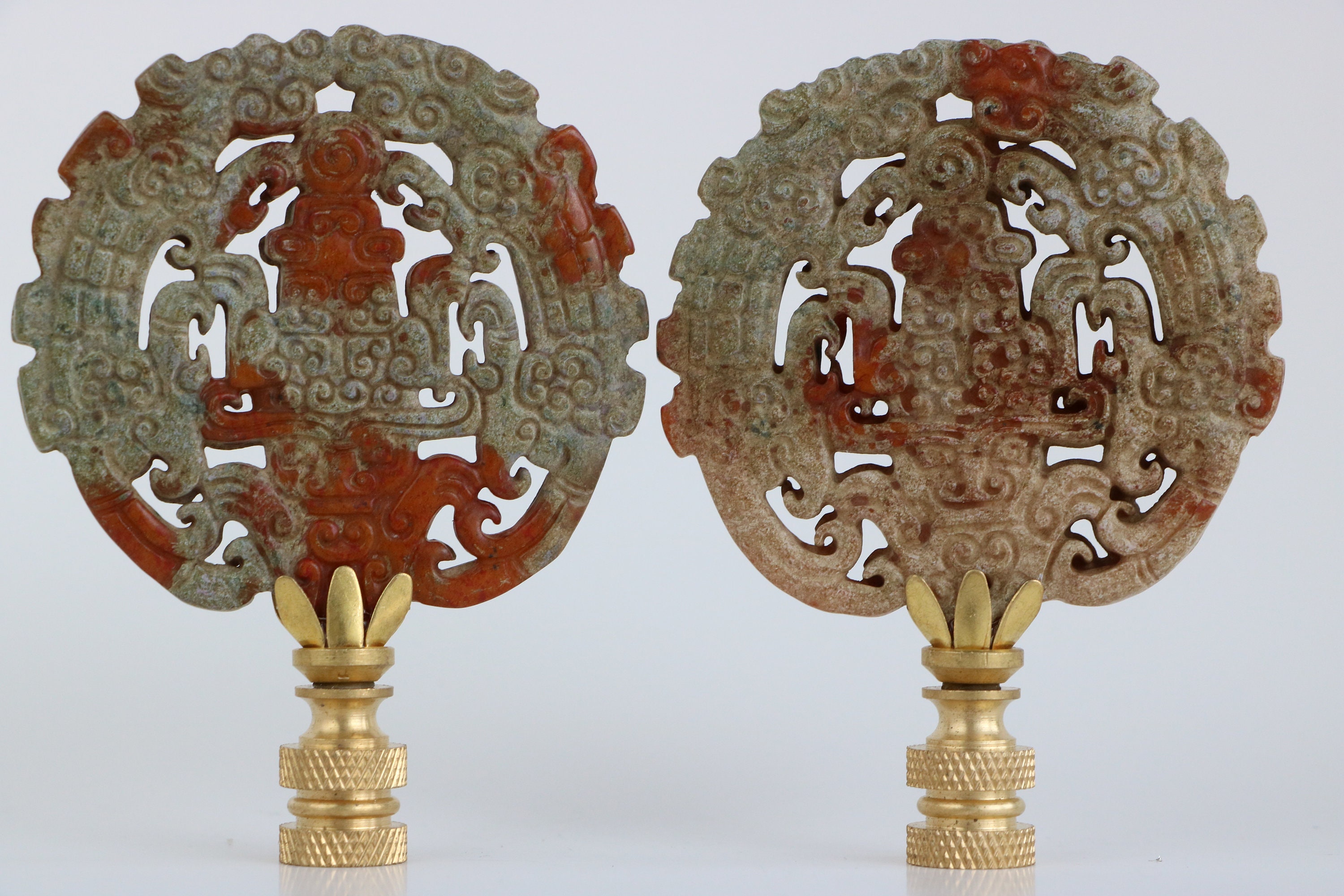 Chinese Variegated Stone Archaic Style Lamp Finials - Asian Carved ...