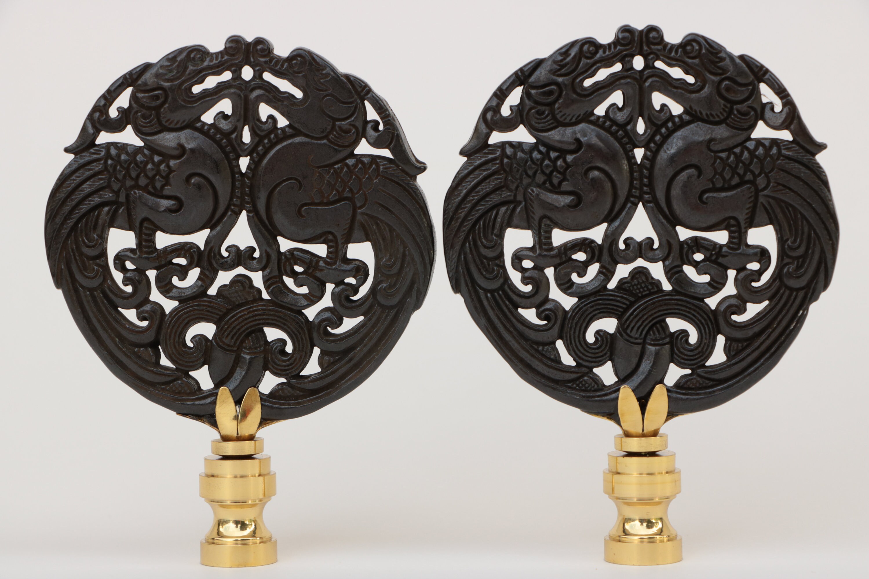 Asian Stone Bird Lamp Finials - Licorice Black on Shiny Brass Bases - A ...