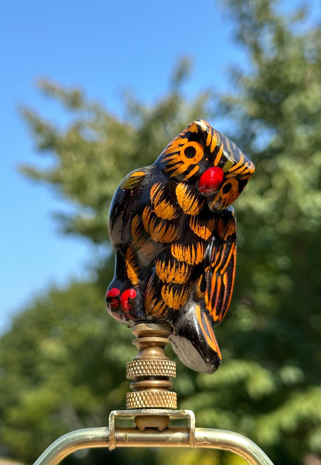 Owl Lamp Finial on Bronze Hardware - Black Lacquerware Bird Lamp Finial ...